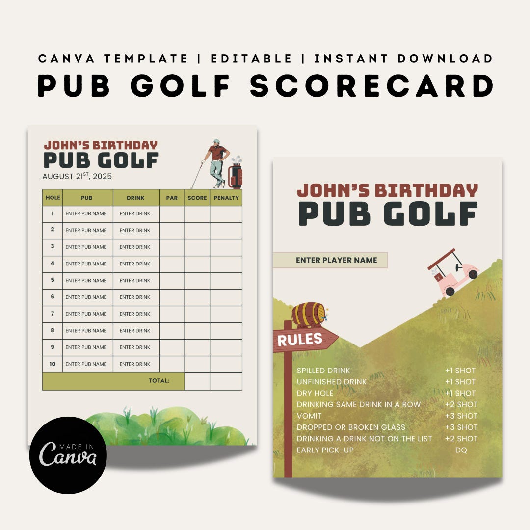 Pub Golf Scorecard | Editable Canva Templates | Printable Bar Golf ...