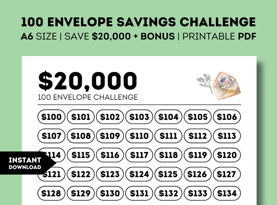 100 Envelope 20K Savings Challenge, Printable A6 USD 20000 Saving ...