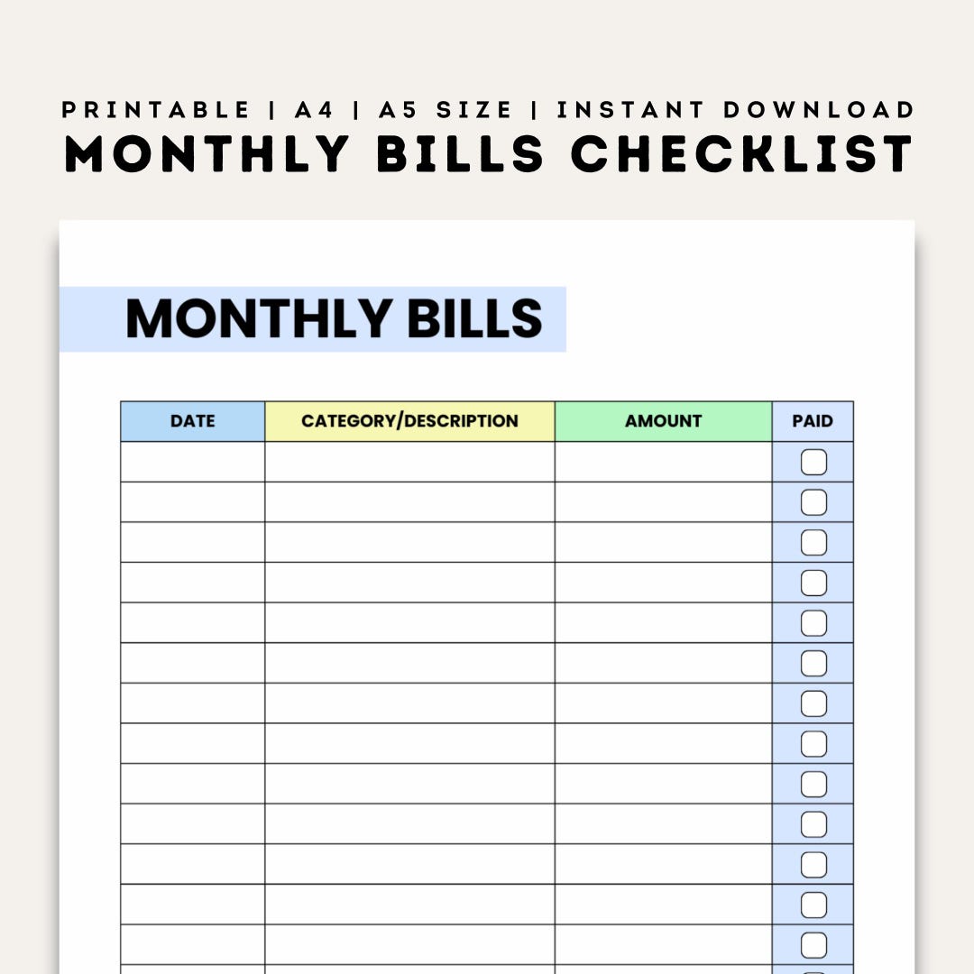 Monthly Bills Checklist Template: A4 A5 Printable Tracker (PDF) - Etsy