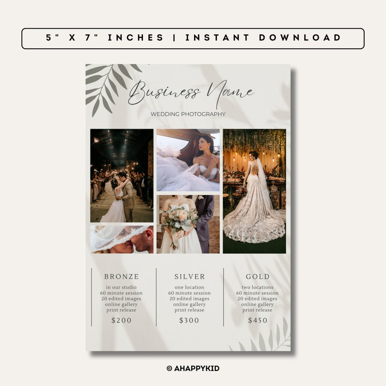 Wedding Photography Pricing Template Editable Canva List Weddings Photographer Package Price ...