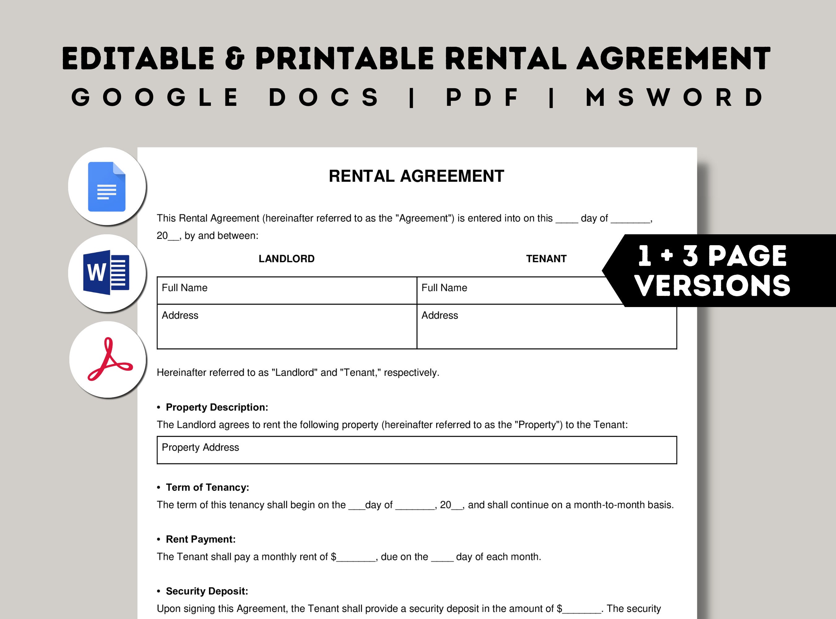 Basic Rental Agreement Template, Printable Landlord Forms, Editable ...