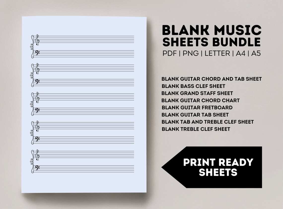 Blank Music Sheet Bundle PDF, Guitar Chord Chart, Letter A4, Grand ...