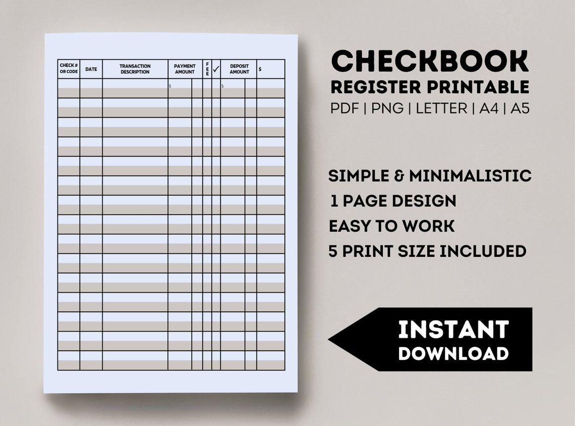 Printable Checkbook Register, Check Register Template, Checkbook ...