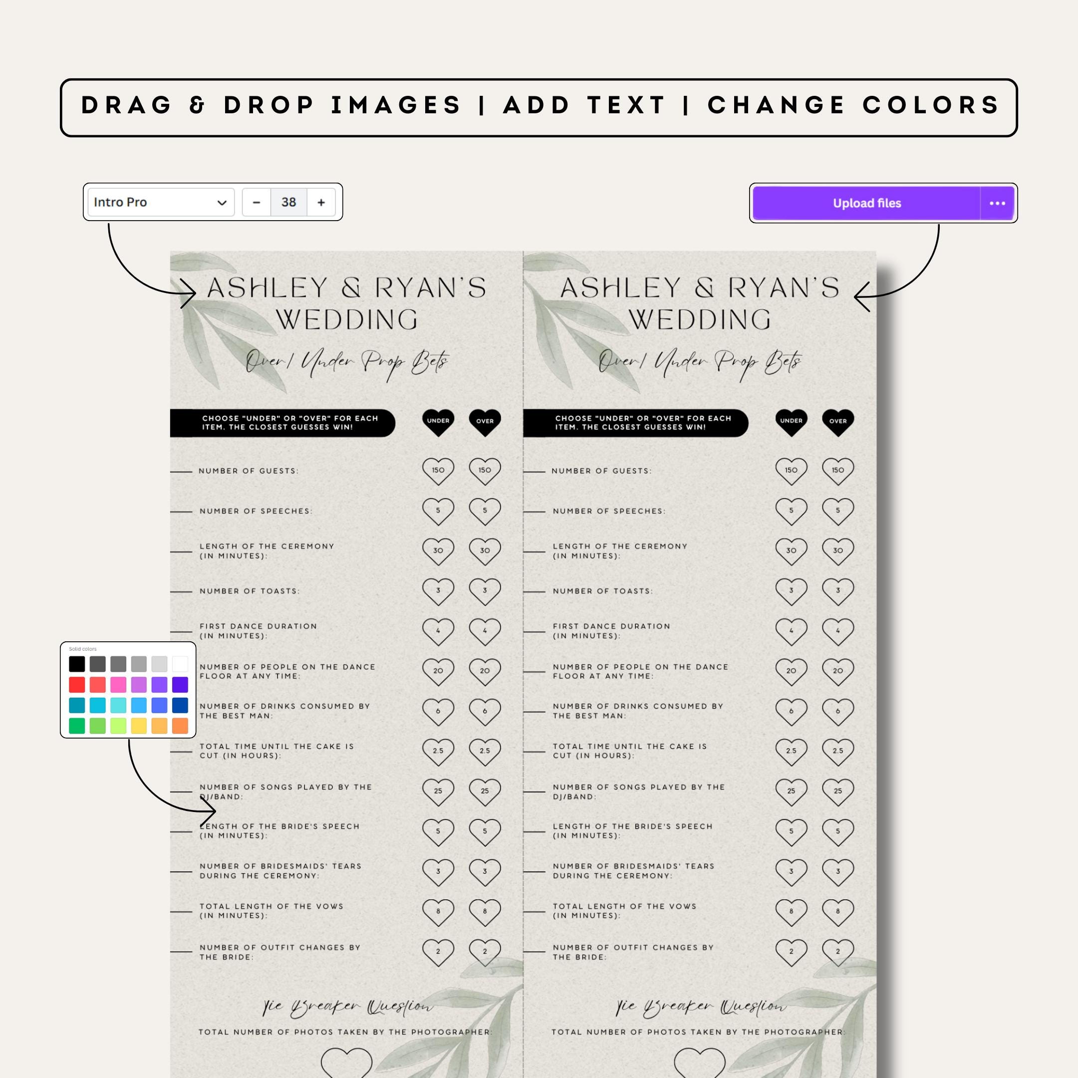 Wedding Over/under Prop Bets | Editable Canva Template | Printable Fun ...