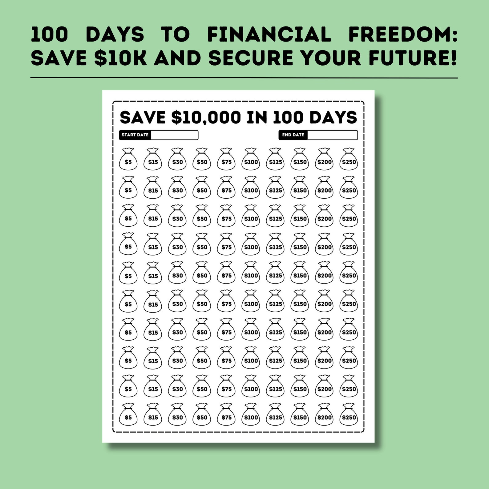 10K in 100 Days Savings Challenge, Printable 10000 Savings Challenge ...