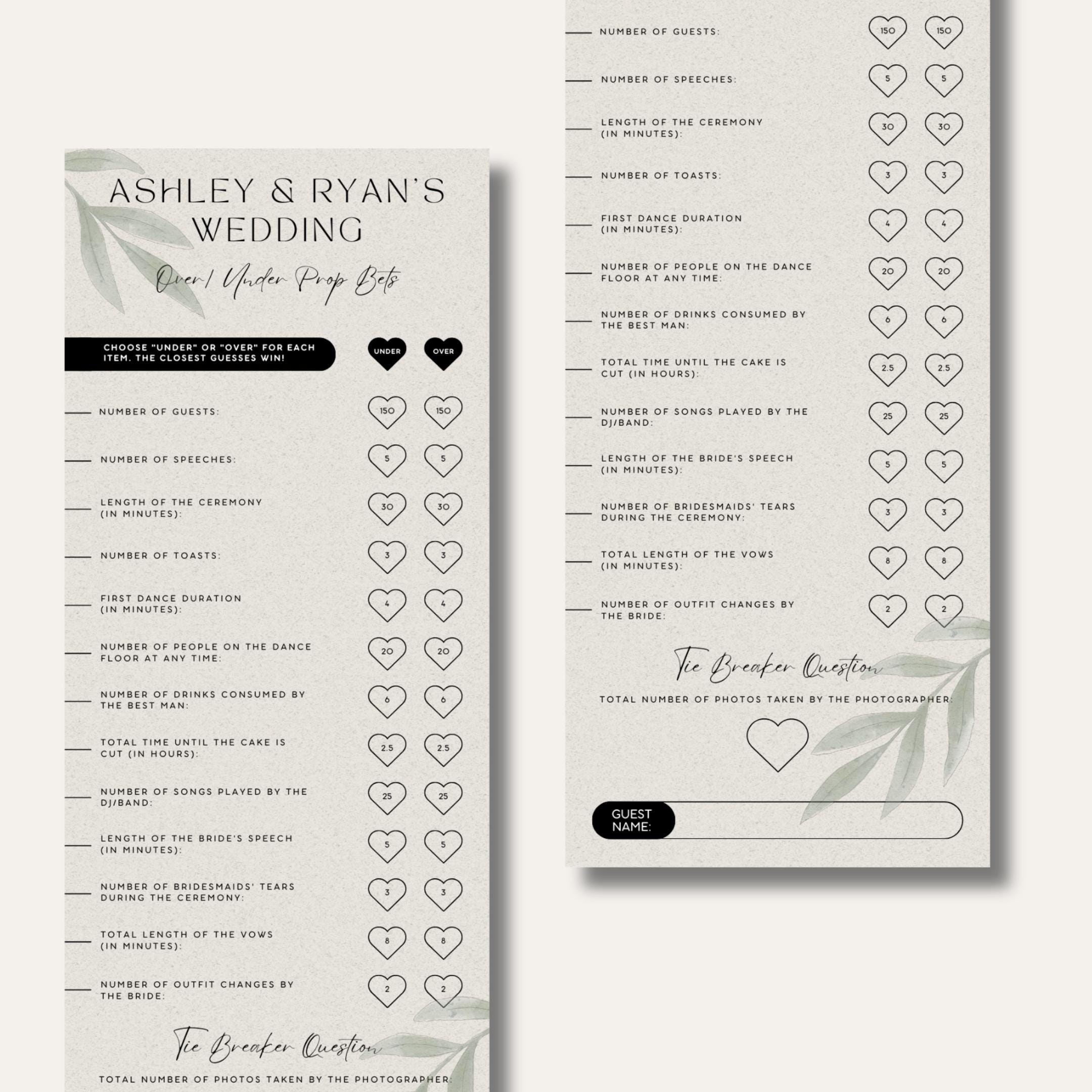 Wedding Over/under Prop Bets | Editable Canva Template | Printable Fun ...