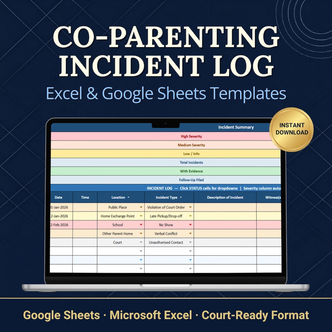 Co-parenting Incident Log Excel Tracker | Behavior Documentation ...