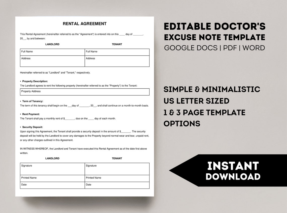 Basic Rental Agreement Template, Printable Landlord Forms, Editable ...