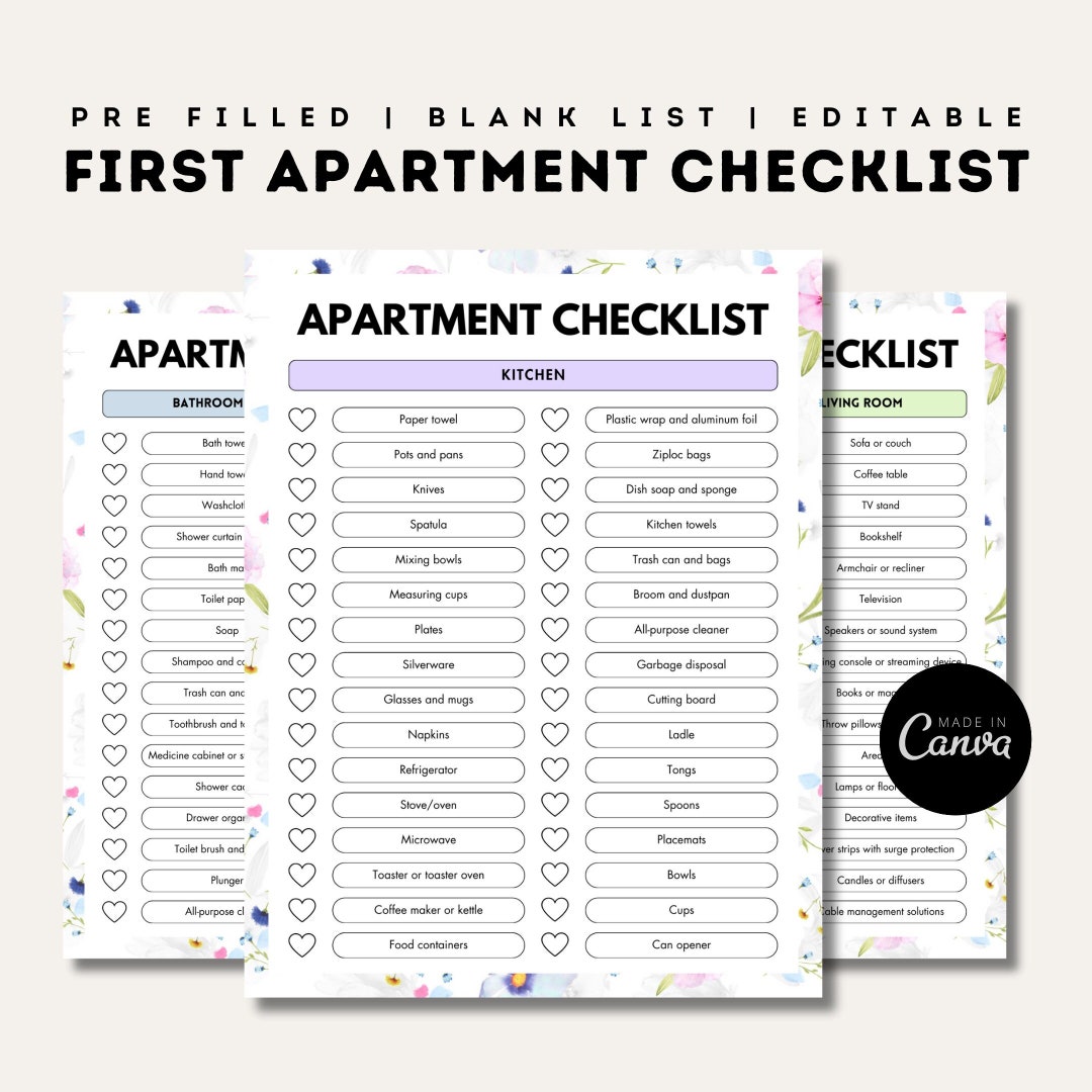 First Apartment Checklist Editable Canva Templates Printable New Home ...