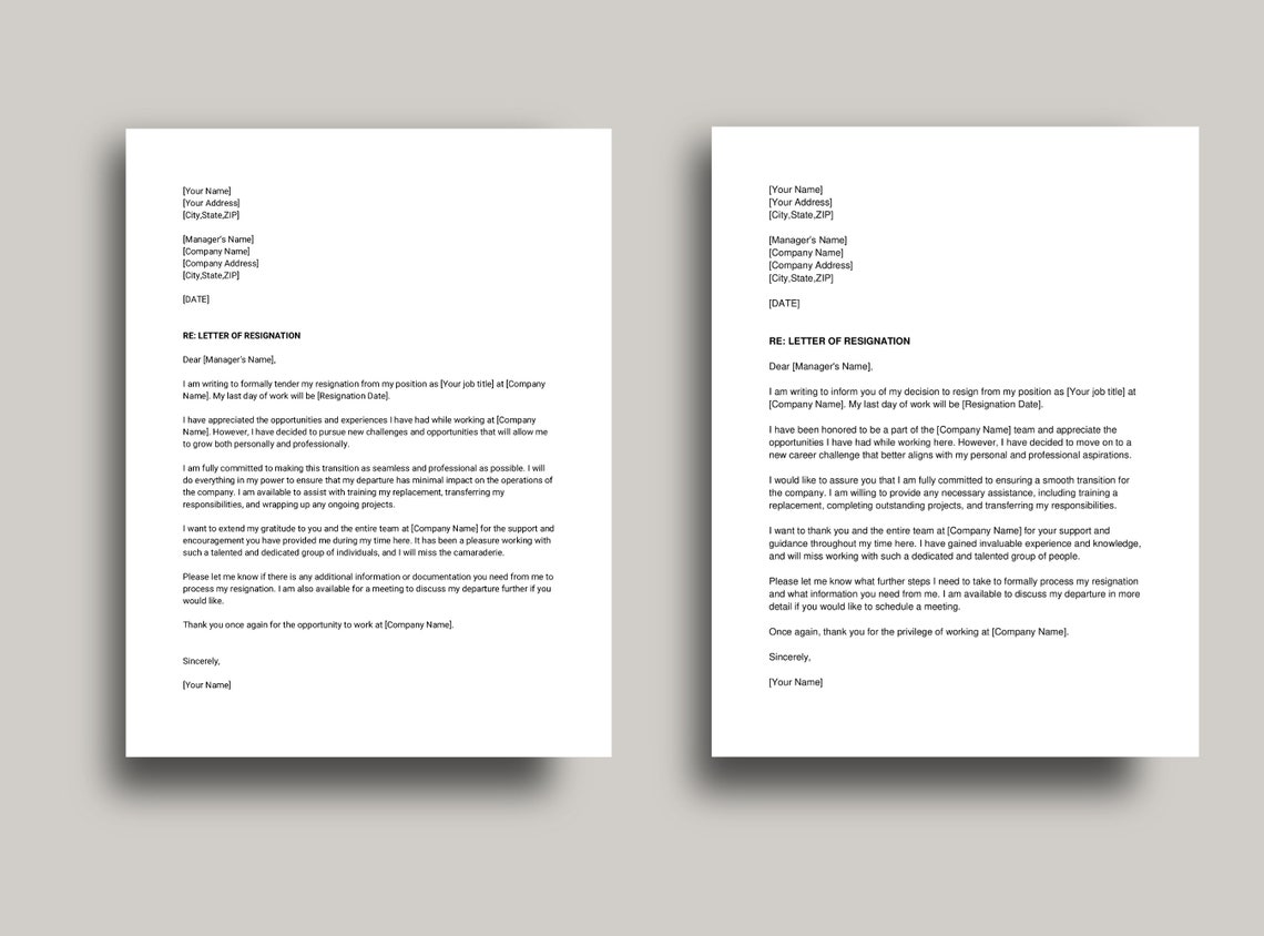 Professional Resignation Letter Template, Editable Two Week Notice ...