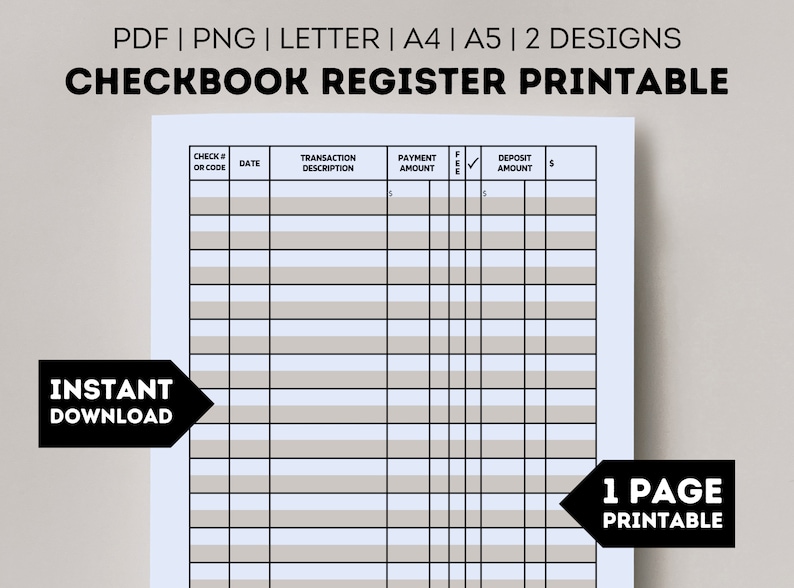 Checkbook Register | Printable Check Registers Template | Ledger | A4 ...