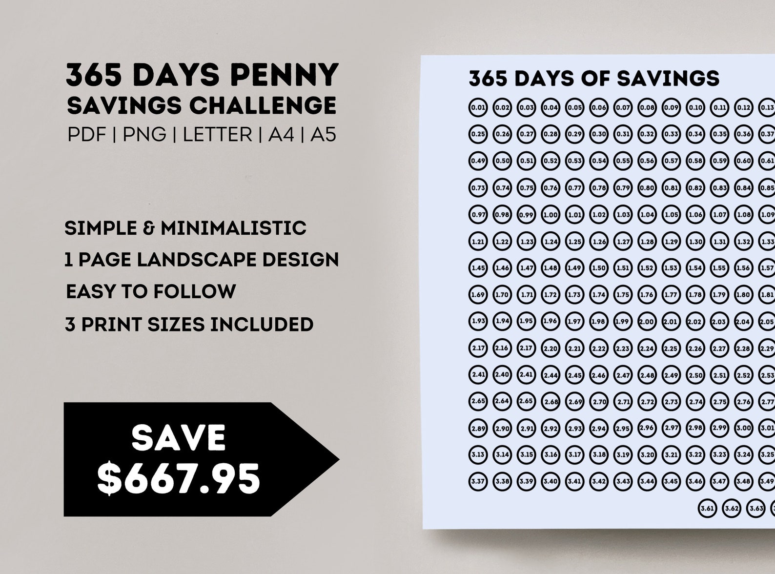 365 Days Penny Savings Challenge Printable Daily Penny Saving - Etsy