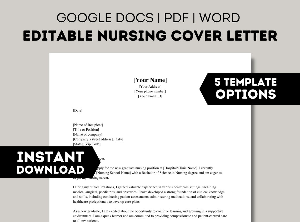 Nursing Cover Letter, Editable New Grad Nurse Cover Letter, RN, New ...