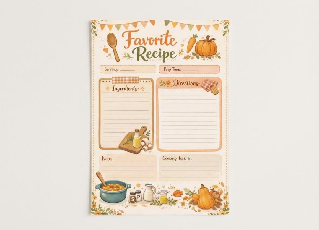 Printable Recipe Card Template, Autumn Fall Cookbook Planner Page, A4 ...