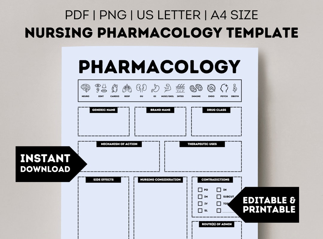 Fillable Pharmacology Template for Nursing Students, Printable ...