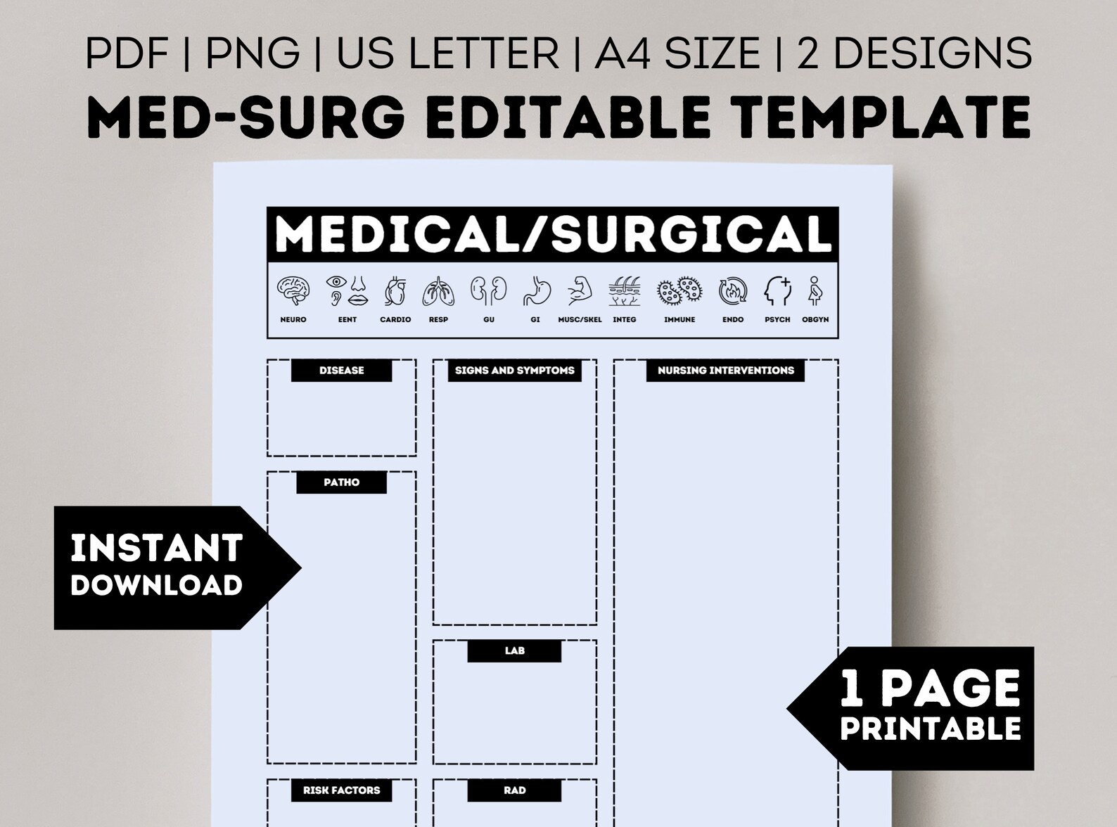 Fillable Medical Surgical Template for Nursing Student, Printable Med ...
