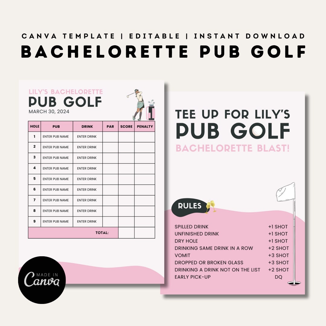 Pub Golf Scorecard Template | Bachelorette Invitations | Editable Canva ...