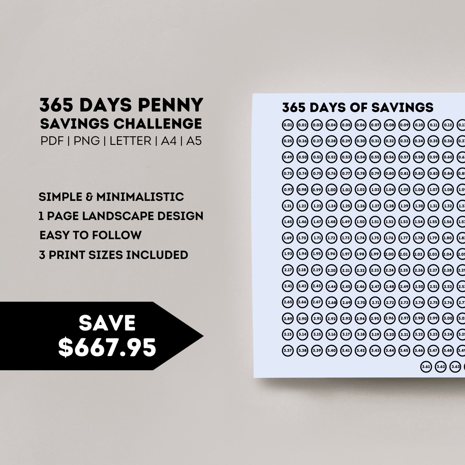 365 Days Penny Savings Challenge, Printable Daily Penny Saving Tracker ...