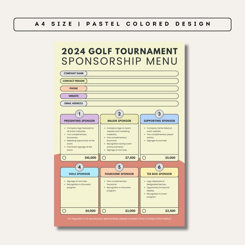 Golf Tournament Sponsorship Form: Editable Canva Template (A4) - Etsy