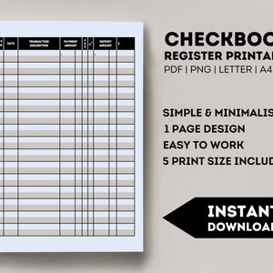 Checkbook Register | Printable Check Registers Template | Ledger | A4 ...