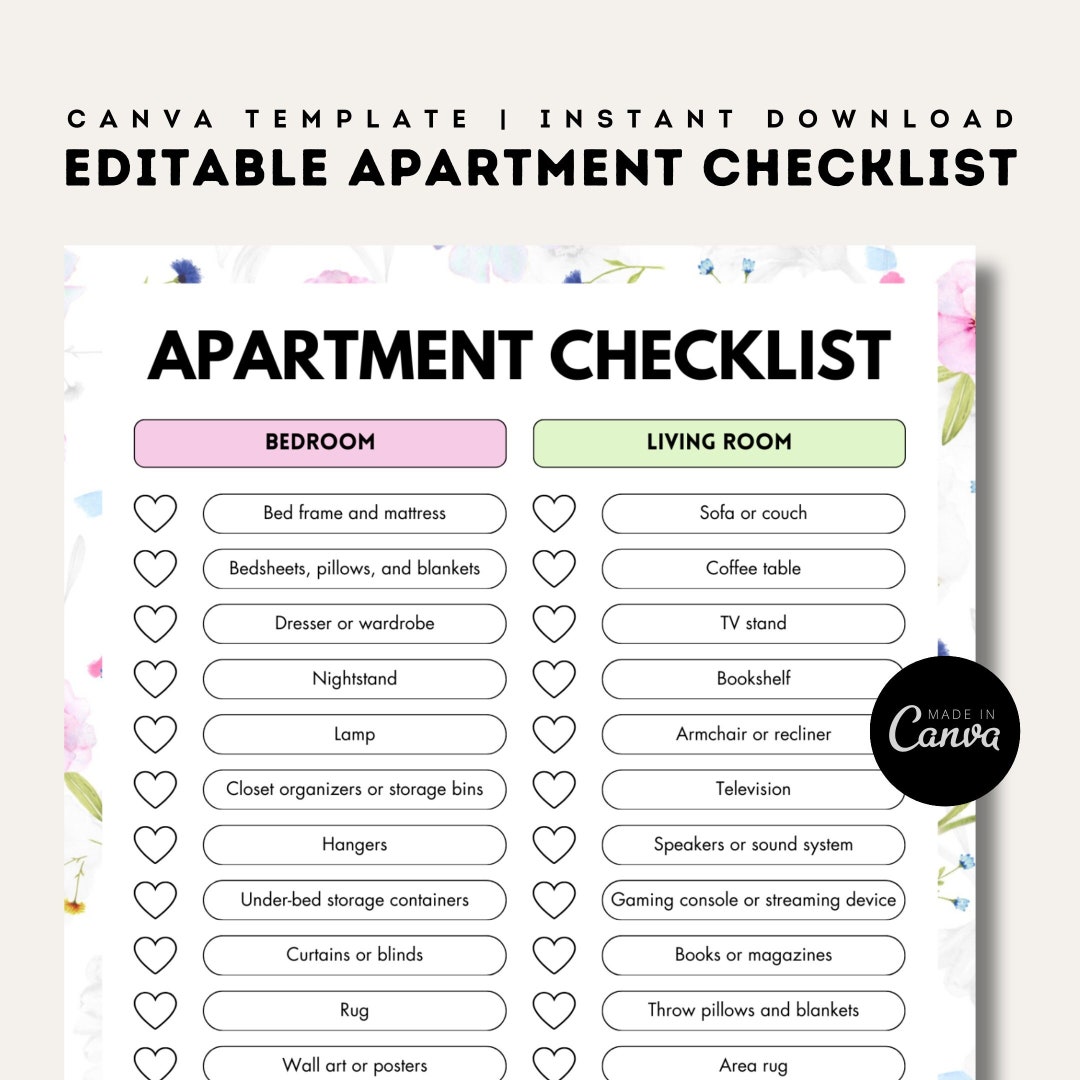 First Apartment Checklist Editable Canva Template Printable New Home ...