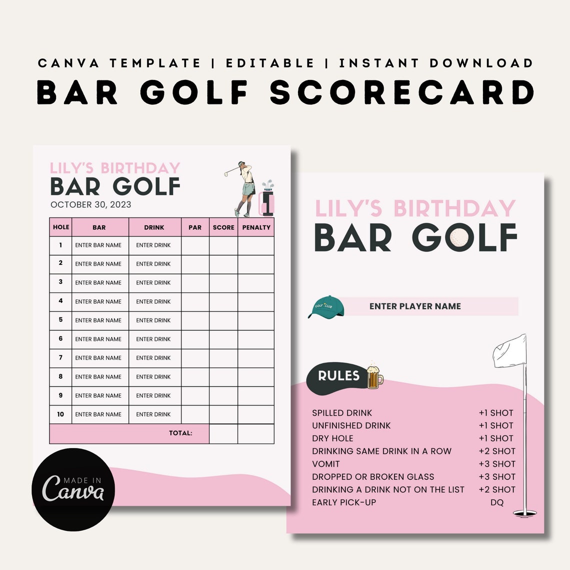 Bar Golf Crawl Scorecard Editable Canva Templates Printable Bar Golf ...