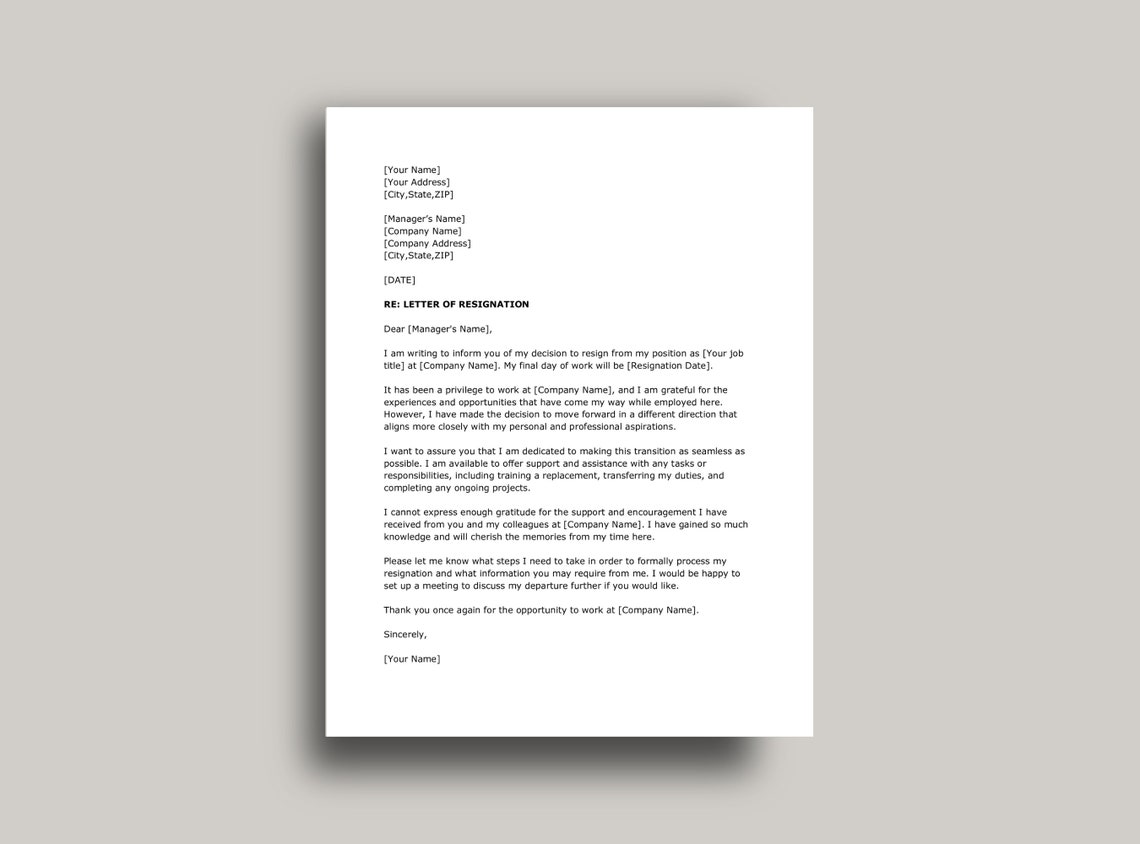 Professional Resignation Letter Template, Editable Two Week Notice ...