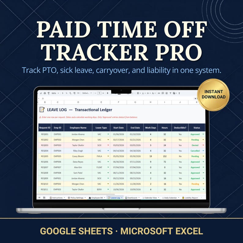 Employee PTO Tracker Excel Spreadsheet | Vacation Leave Management HR ...