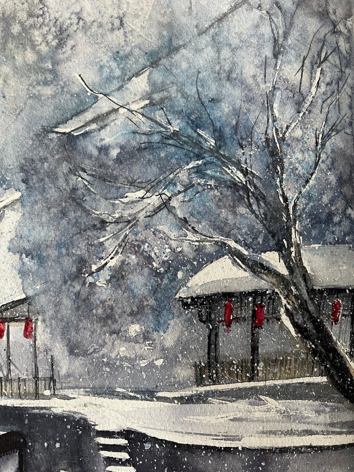 Original Watercolor Painting chinese Winter Landscape, 30x40 Cm, Free ...