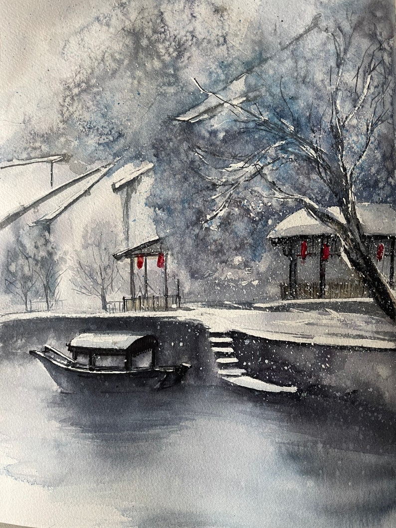 Original Watercolor Painting “chinese Winter Landscape”, 30x40 Cm, Free ...