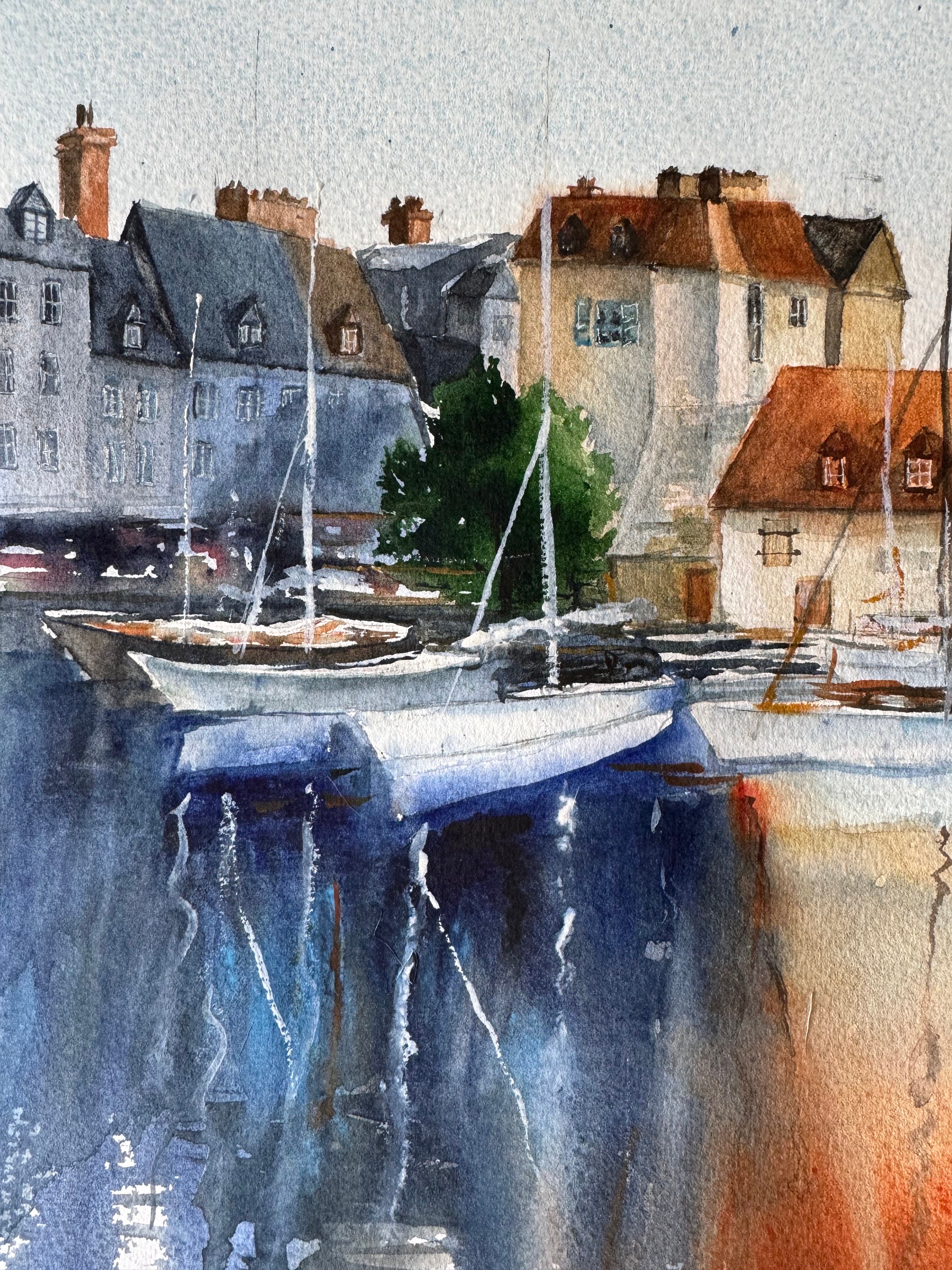 Honfleur Watercolor Painting Serene Harbor Scene, French Coastal Art ...