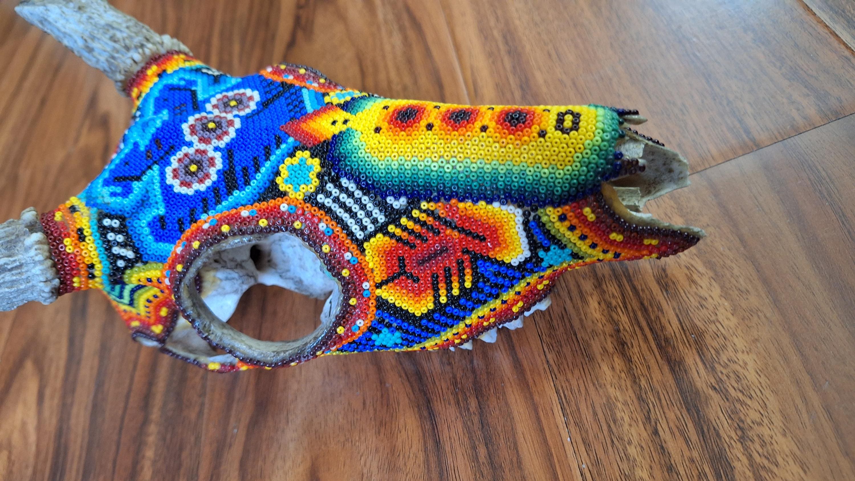 Beaded Deer Skull, Beaded Skull, Deer Skull, Huichol Beaded Deer, Blue ...