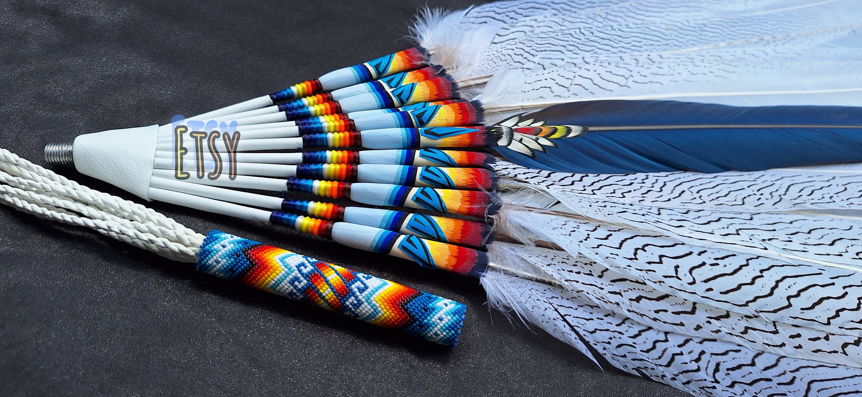 Native American Peyote Feather Fan Peyote Fan With Beaded Handle And