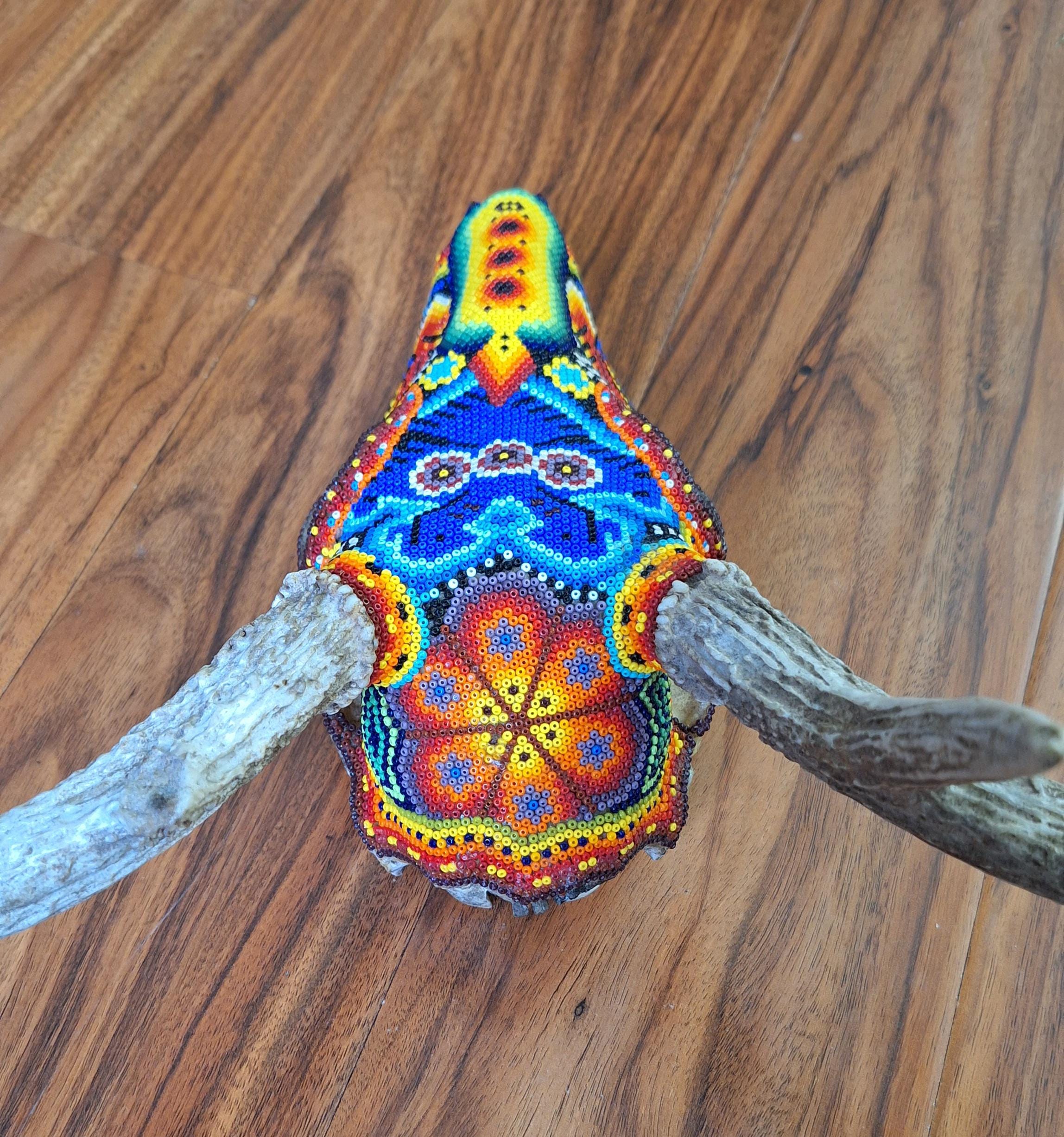 Beaded Deer Skull, Beaded Skull, Deer Skull, Huichol Beaded Deer, Blue ...