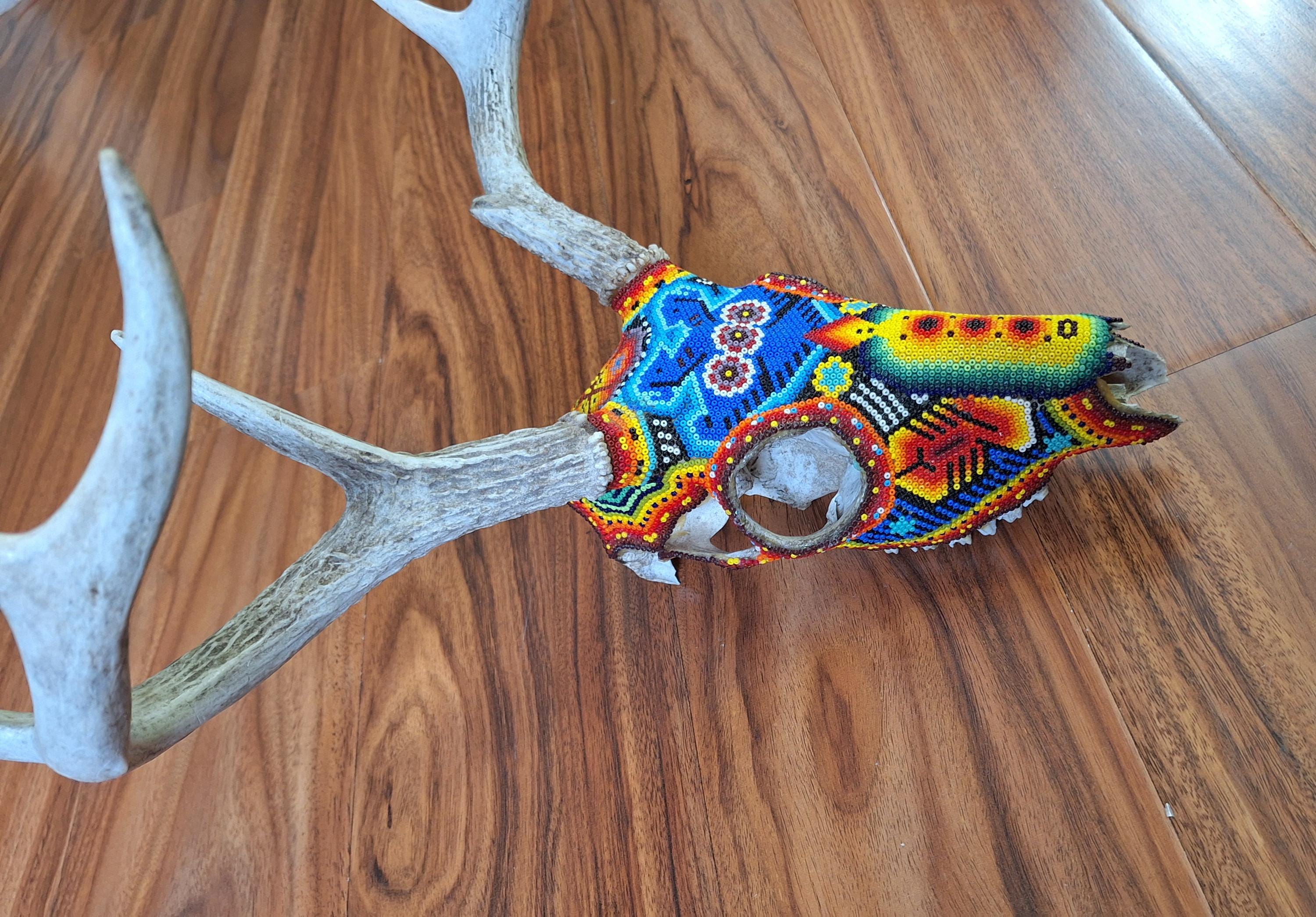 Beaded Deer Skull, Beaded Skull, Deer Skull, Huichol Beaded Deer, Blue ...