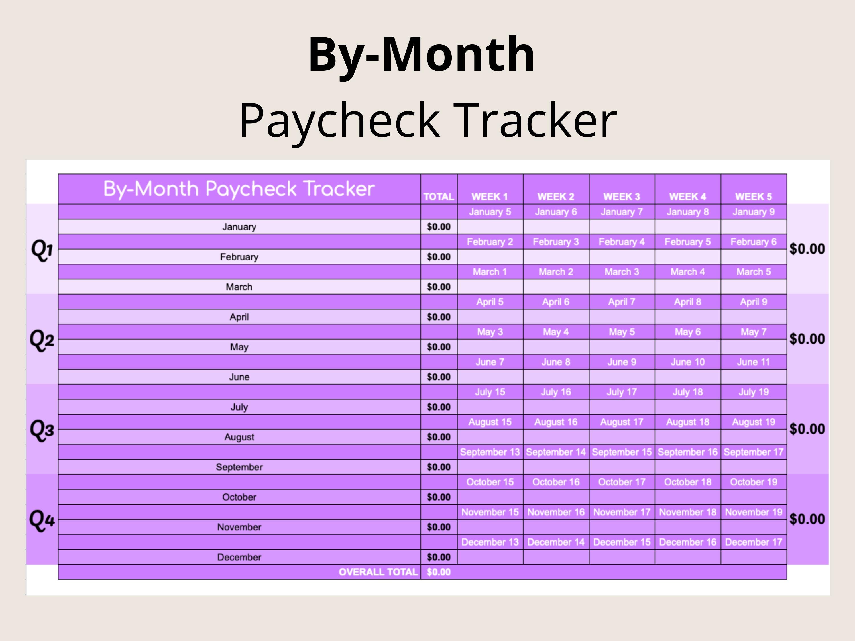 Purple Income, Expenses by Quarter; Weekly, Biweekly Paycheck Tracker ...