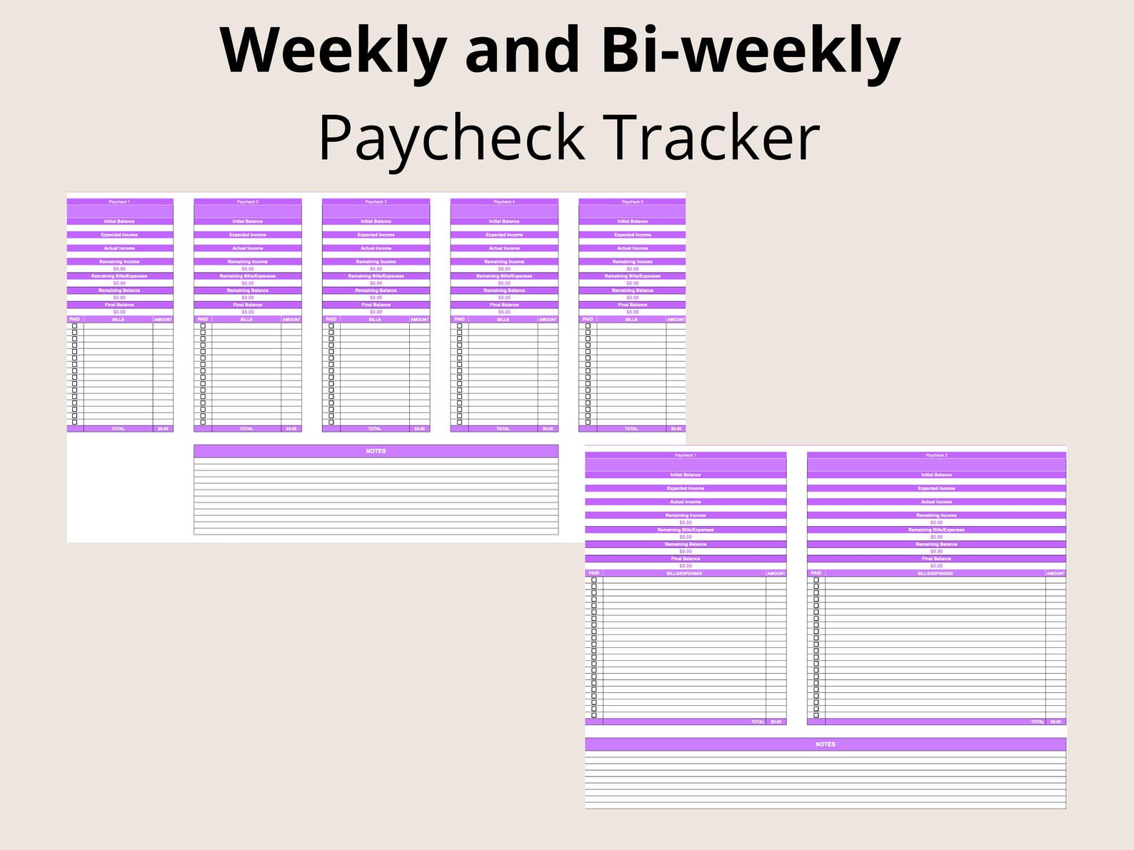 Purple Income, Expenses by Quarter; Weekly, Biweekly Paycheck Tracker ...