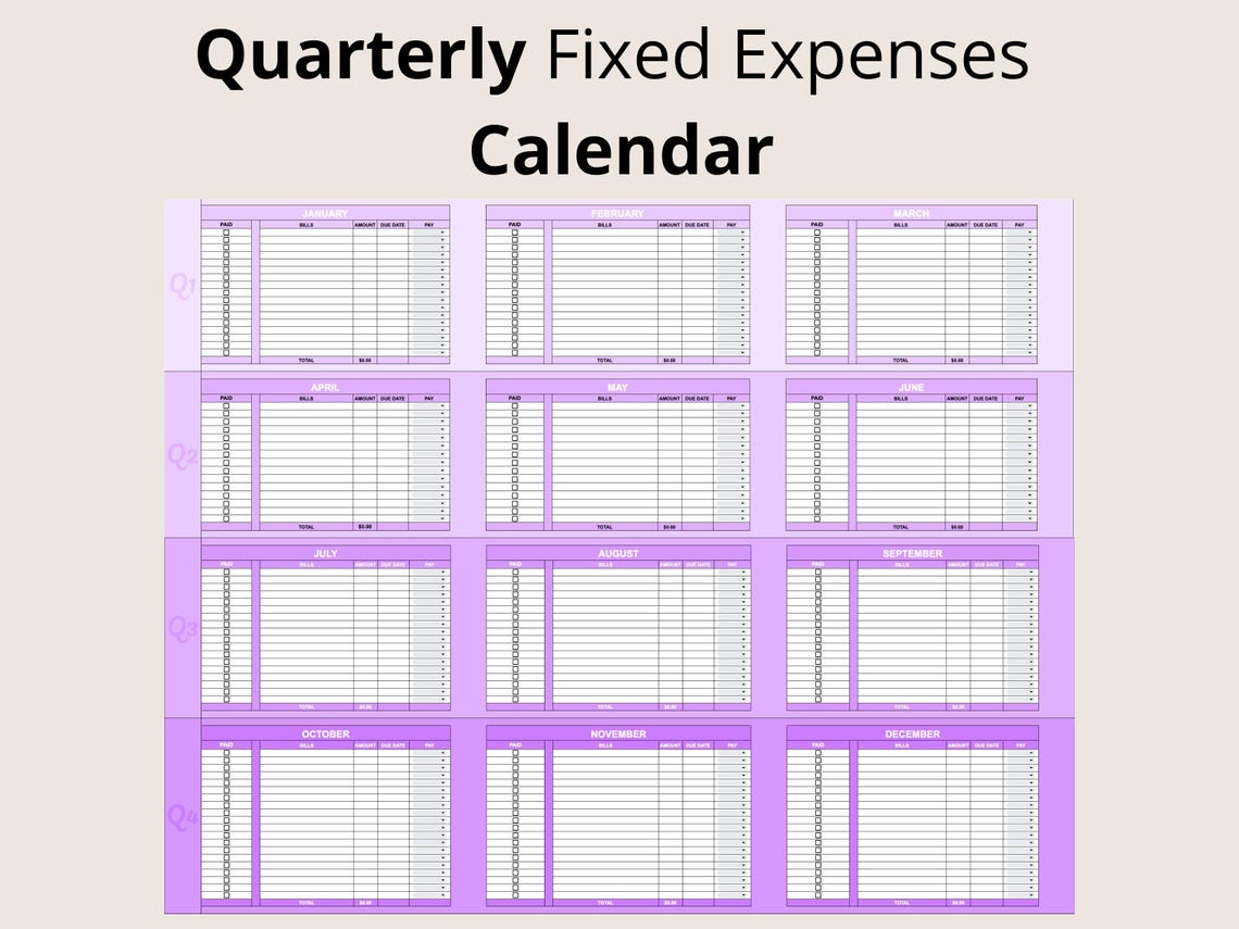 Purple Income, Expenses by Quarter; Weekly, Biweekly Paycheck Tracker ...