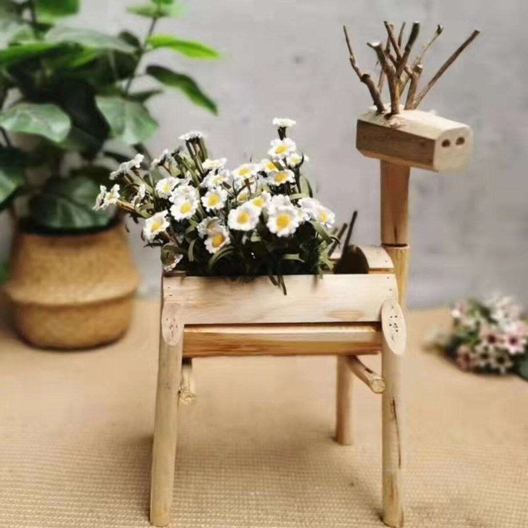 Rustic Log Reindeer, Creative Plant Box, Multifuntional, Natural Wooden ...