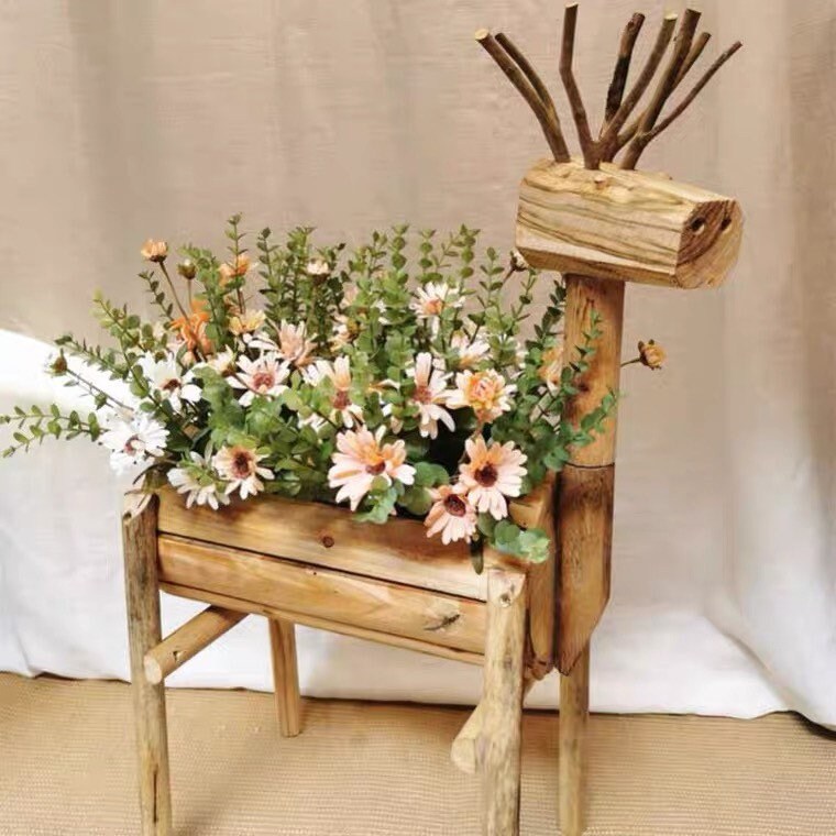 Rustic Log Reindeer, Creative Plant Box, Multifuntional, Natural Wooden ...