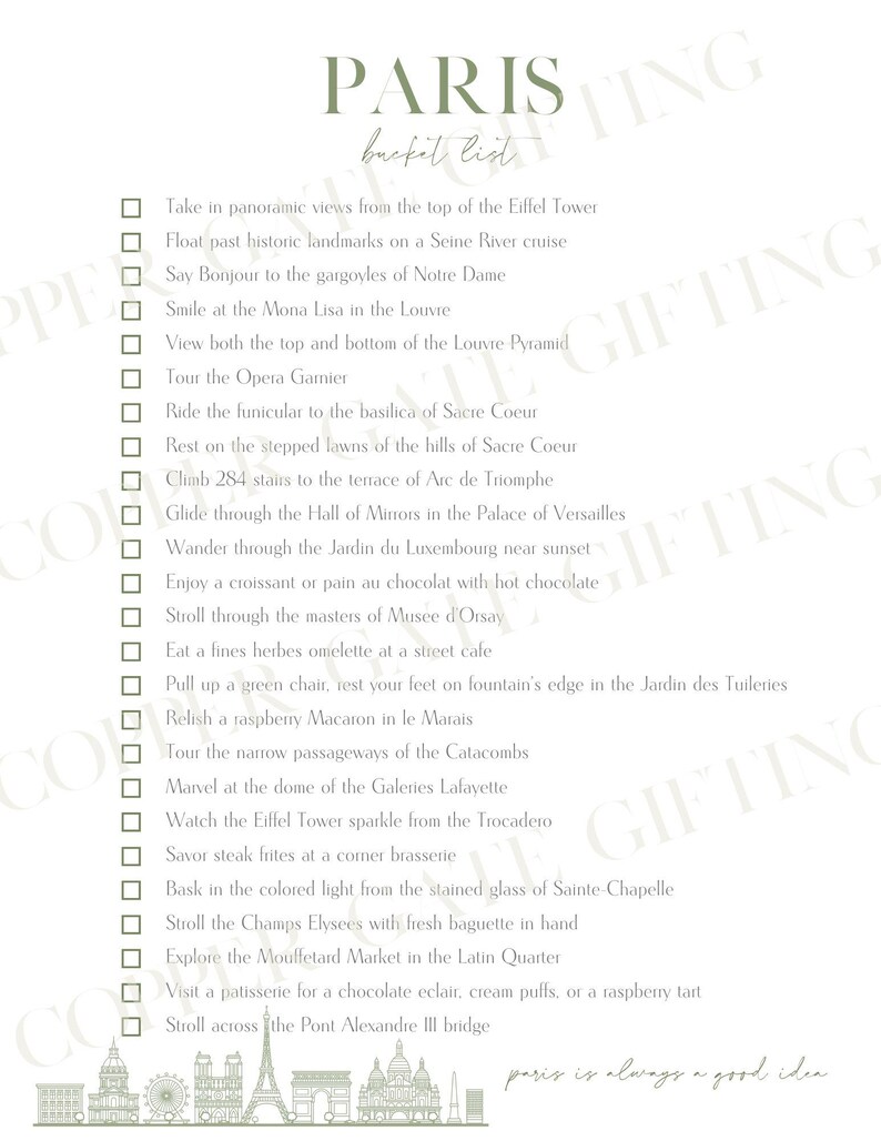 Paris Cityscape Bucket List Printable: Paris Travel Checklist (digital ...