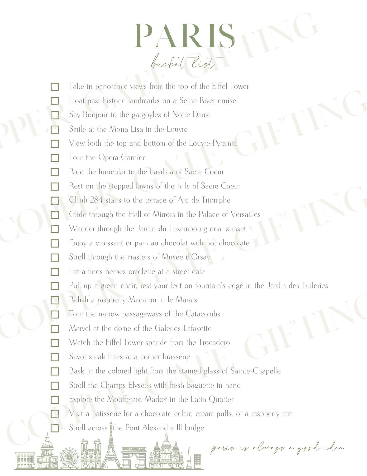 Paris Cityscape Bucket List Printable: Paris Travel Checklist (digital ...