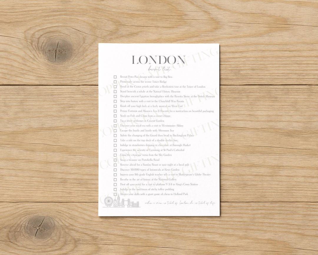 London Cityscape Bucket List Printable: London Travel Checklist ...