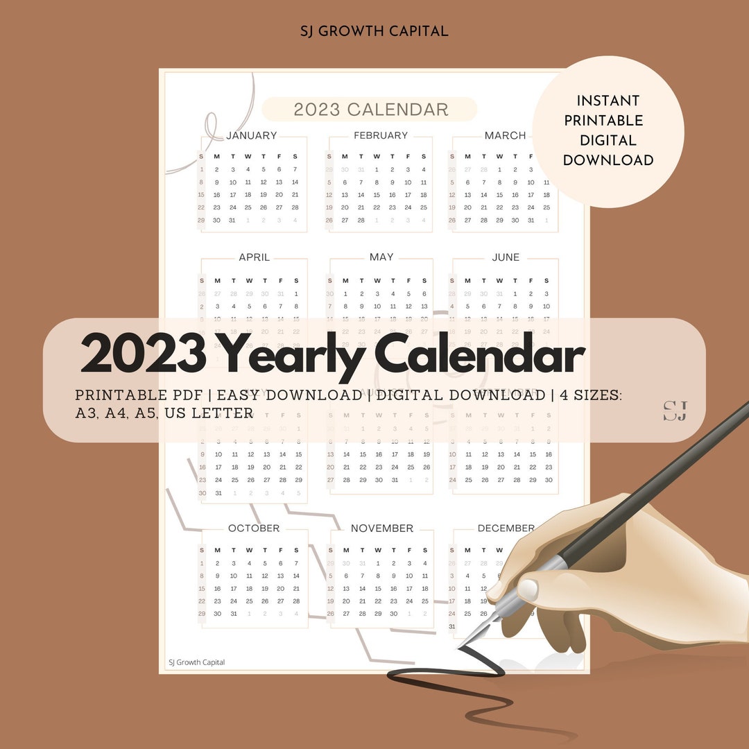 2023 Yearly Calendar, A3, A4, A5, US Letter, Instant Download, Digital ...