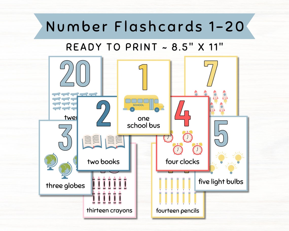 Printable Number Flashcards 1-20, Preschool Counting Flash Cards ...