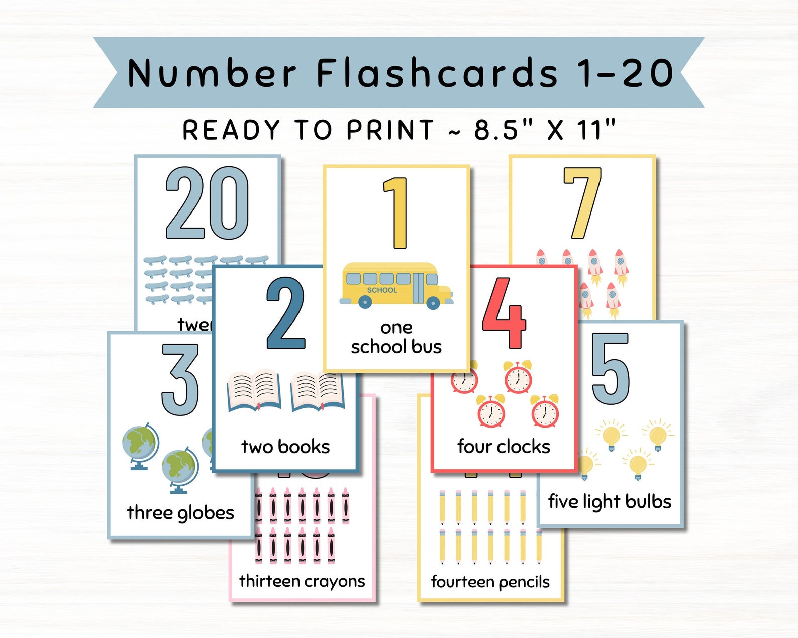 Printable Number Flashcards 1-20, Preschool Counting Flash Cards ...
