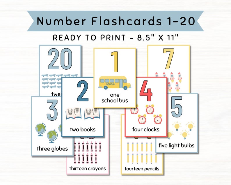 Printable Number Flashcards 1-20, Preschool Counting Flash Cards ...