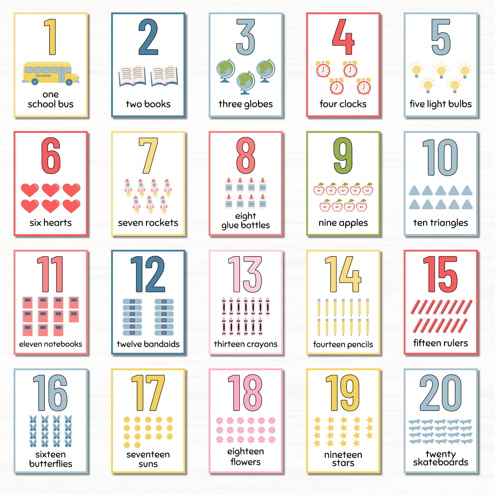 Printable Number Flashcards 1-20, Preschool Counting Flash Cards ...