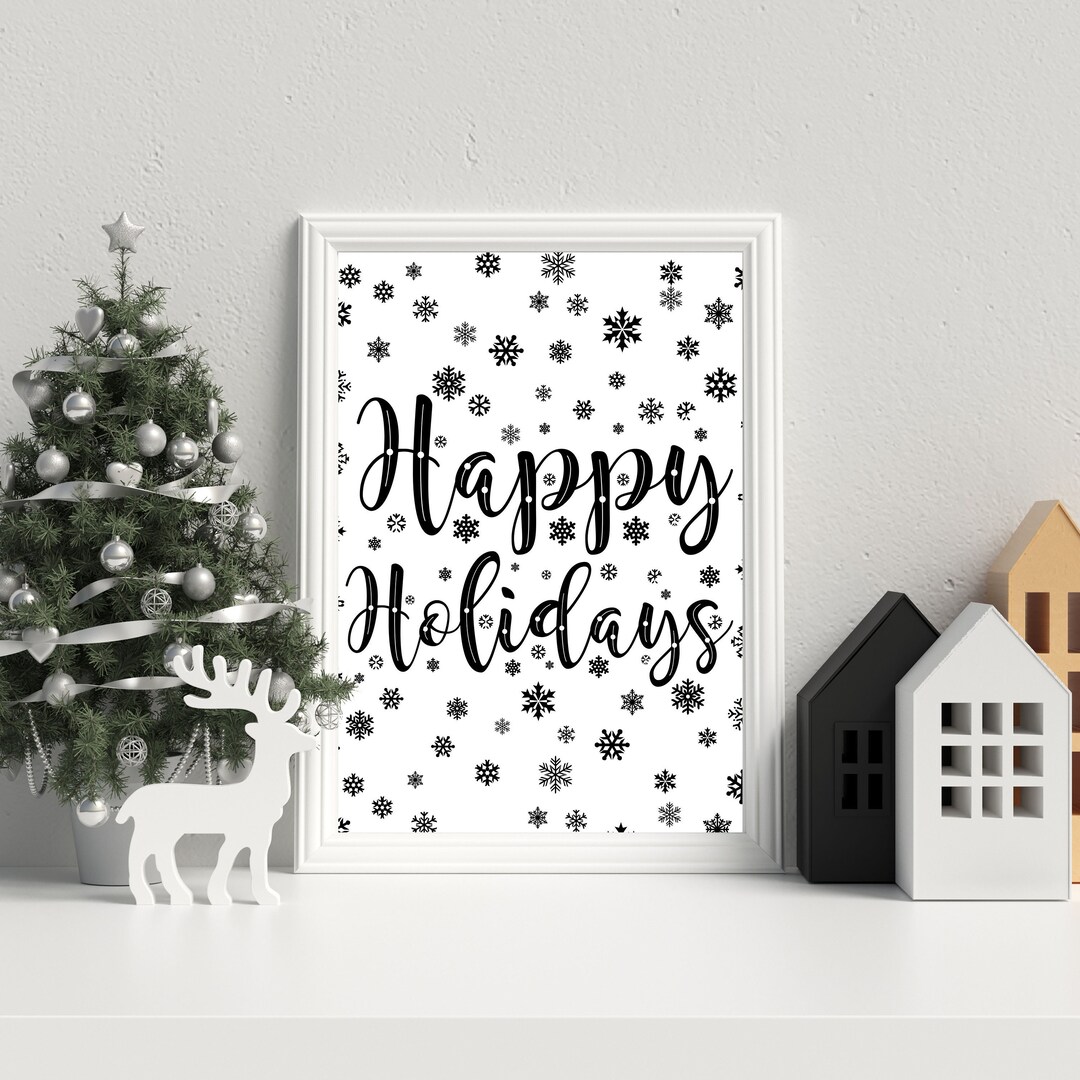 Black and White Happy Holidays Print – Winter Snowflake Poster (digital ...