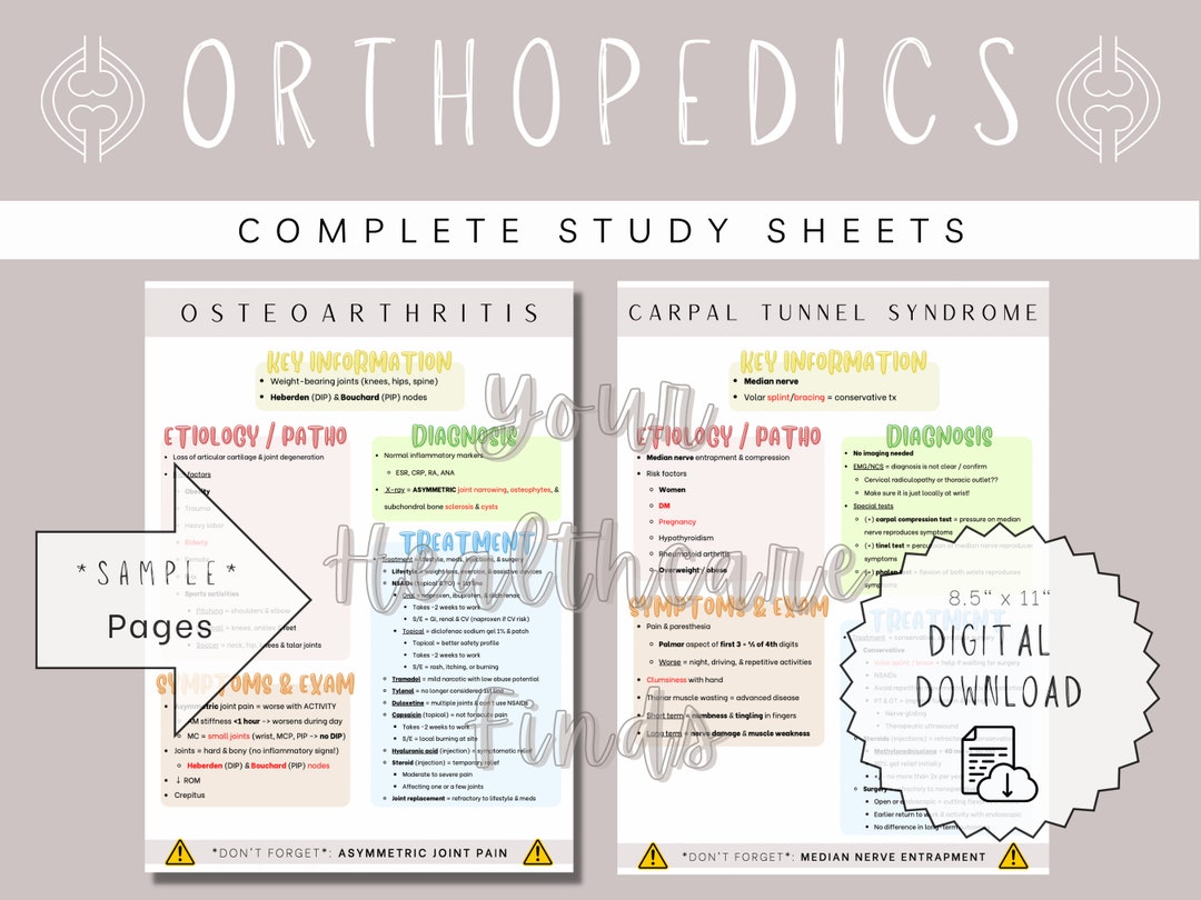 Orthopedic Complete Study Sheets | Study Guide | Study Notes ...